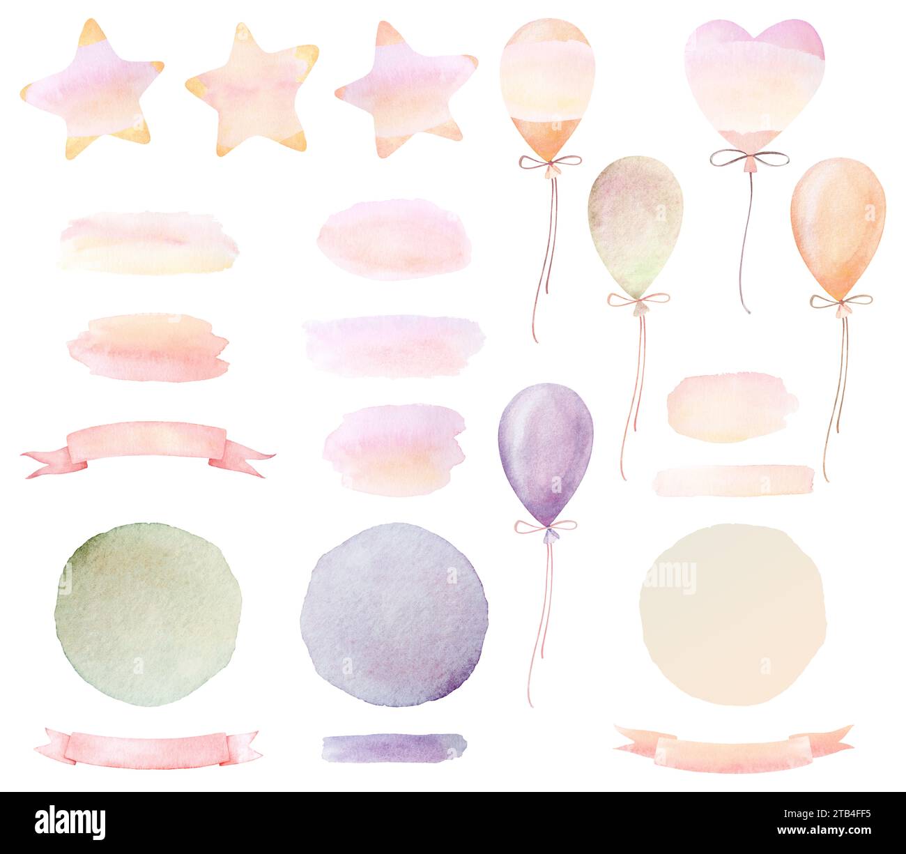 Watercolor Ribbon Balloon Banners Clipart. Green Pink Elements for Card ...