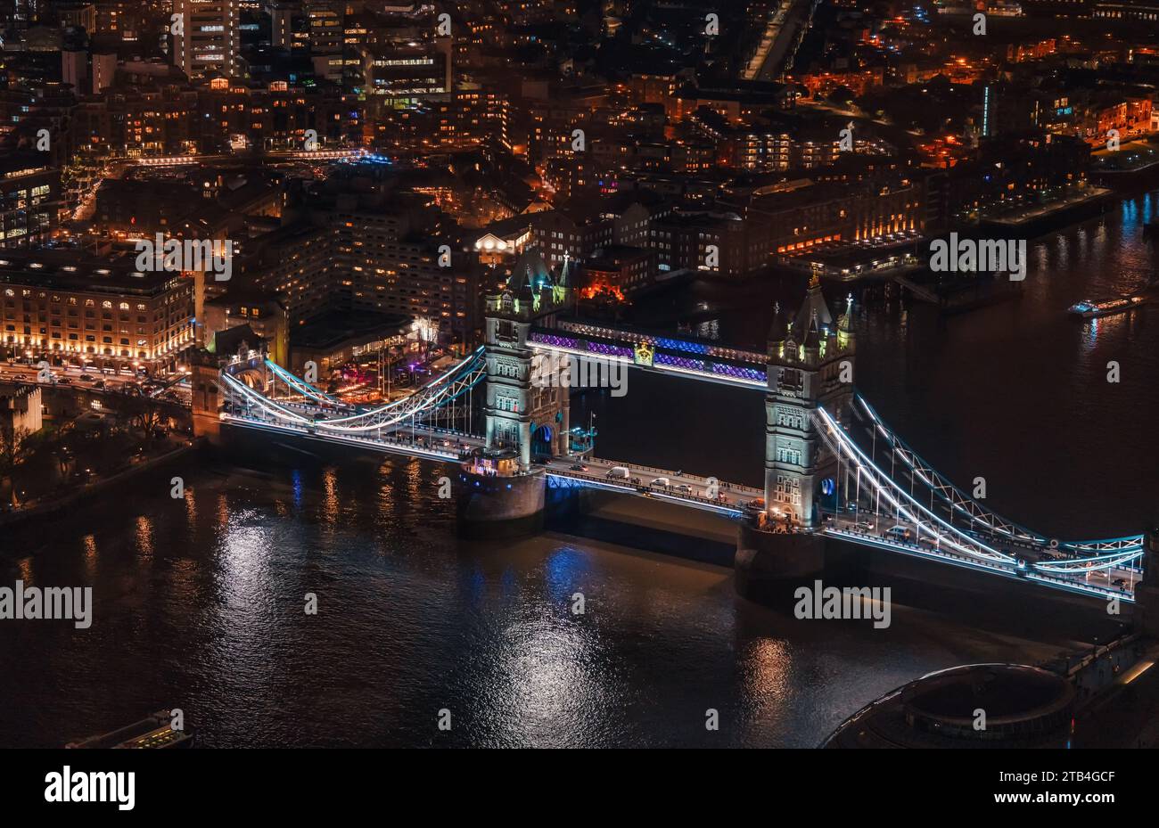 Aerial night view of Tower Bridge over river Thames in London Stock ...
