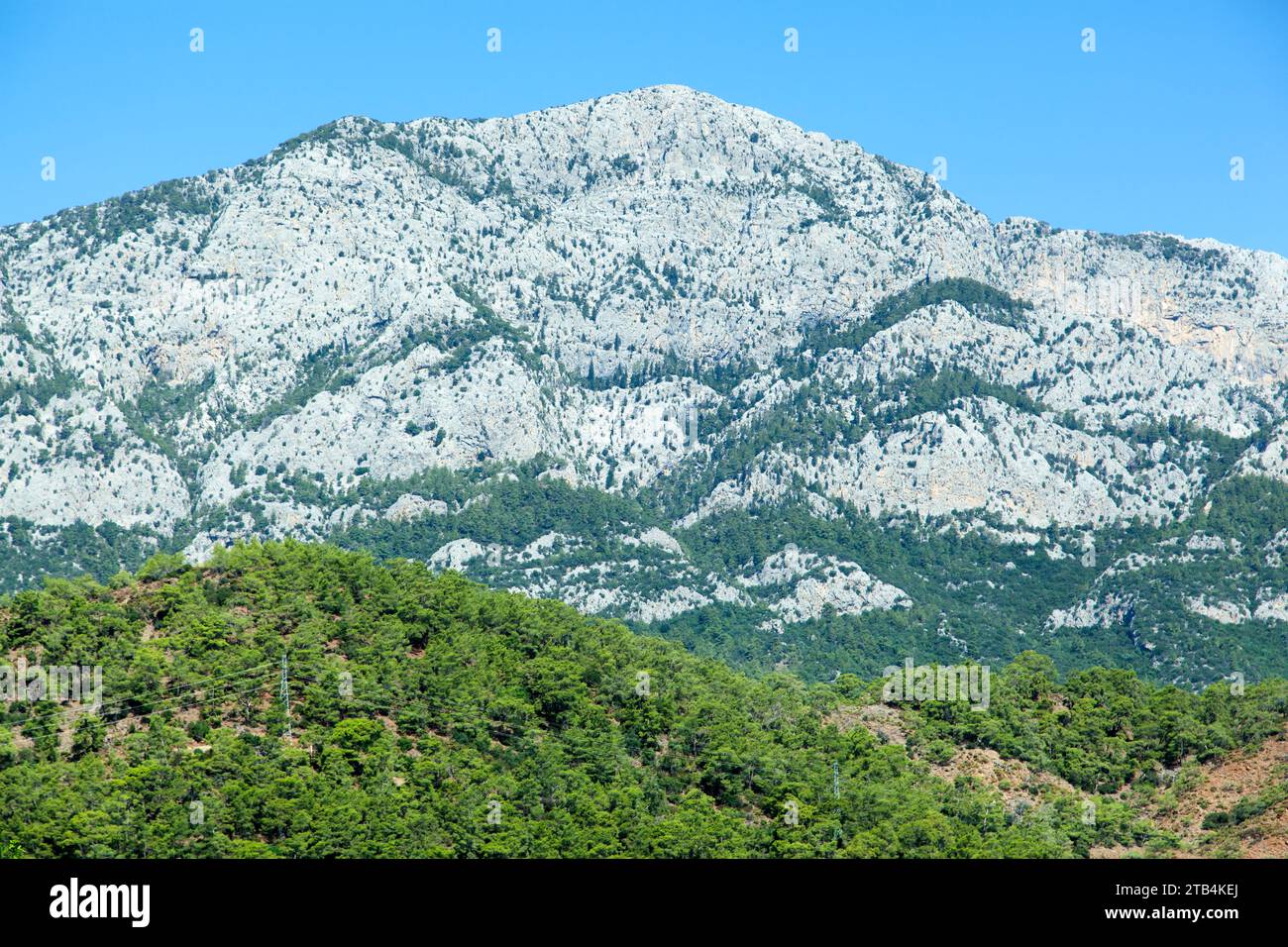 The morning view of a tall mountain as seen from Kemer resort town ...