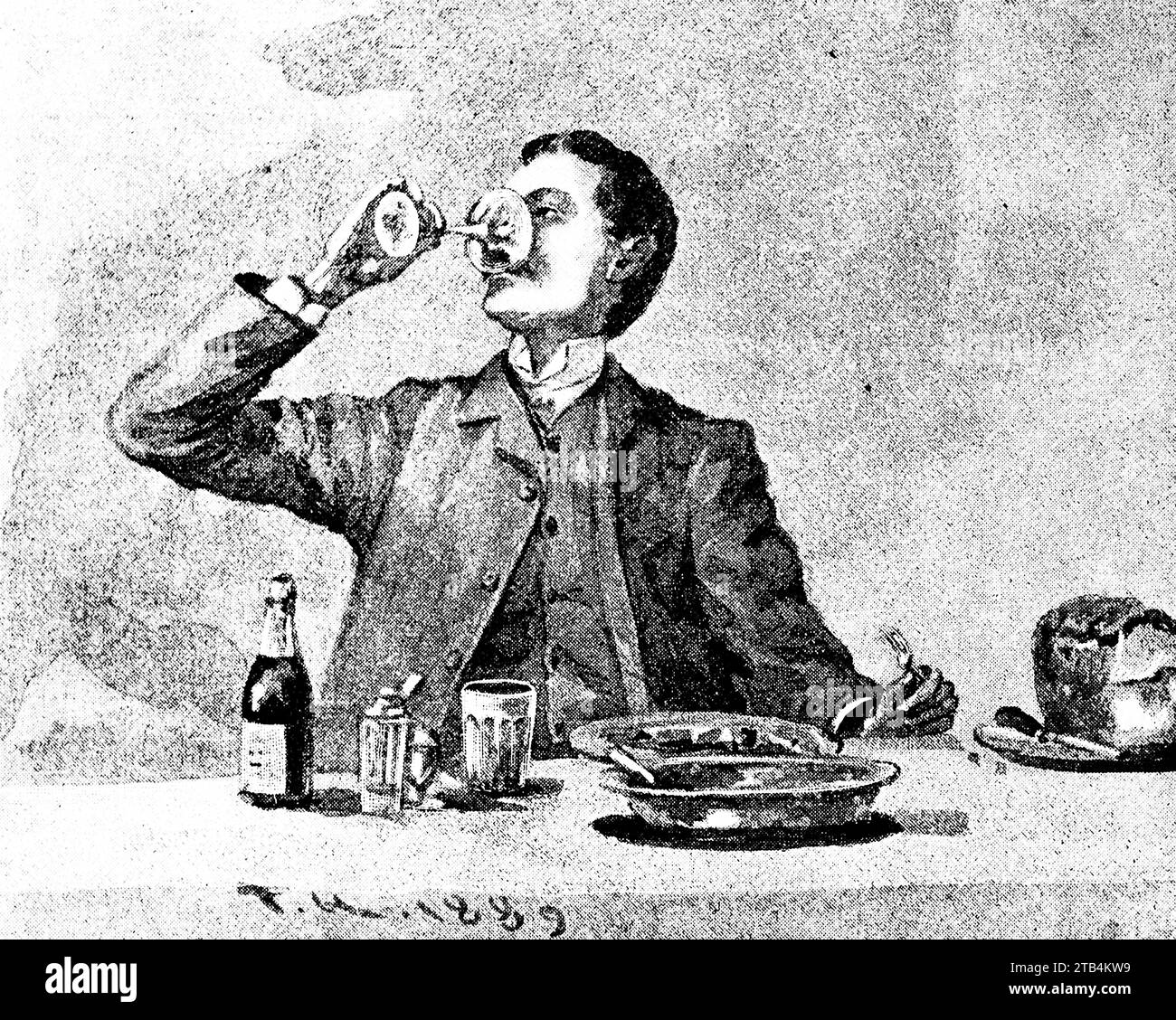 A man drinking wine with a hearty meal, by T. Hodge c1889. From an ...