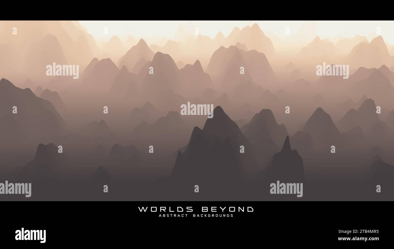 Abstract beige landscape with misty fog till horizon over mountain ...