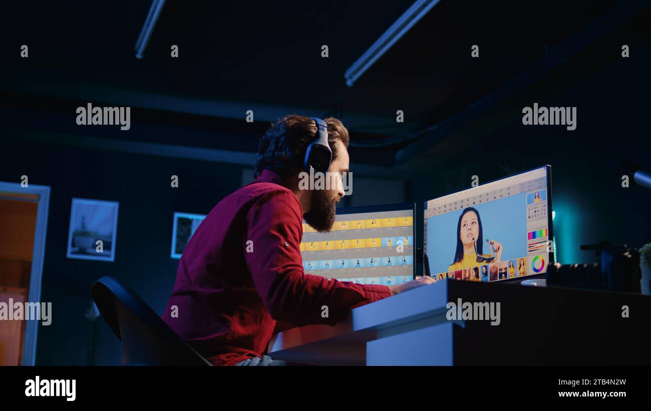 Freelancer in apartment studio working on digital portfolio showcasing ...