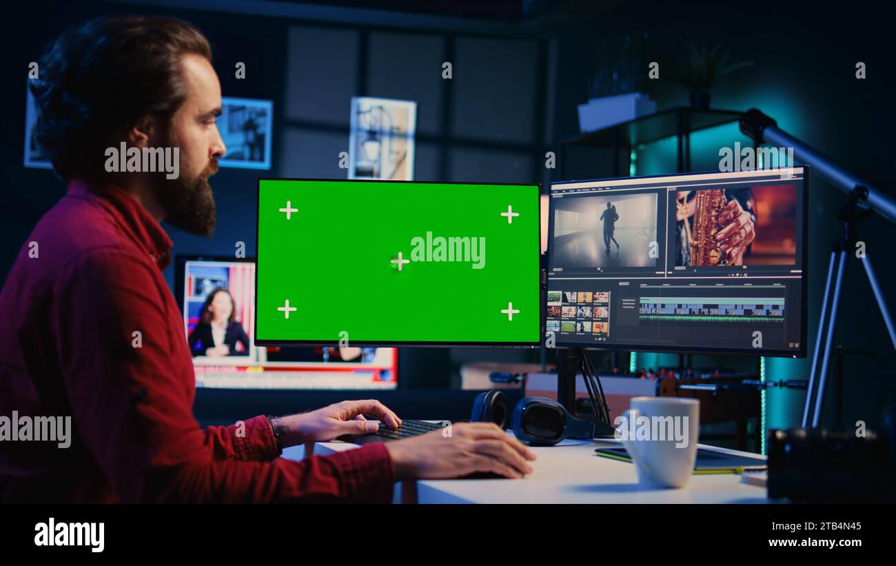 Videographer using professional software on mockup PC to create visual ...