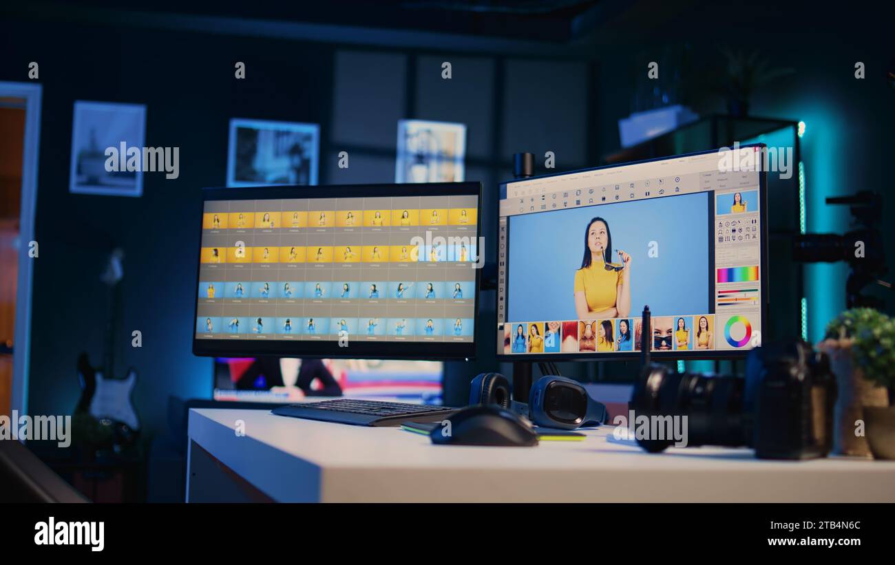 Empty media agency office with multi monitors setup used for post ...