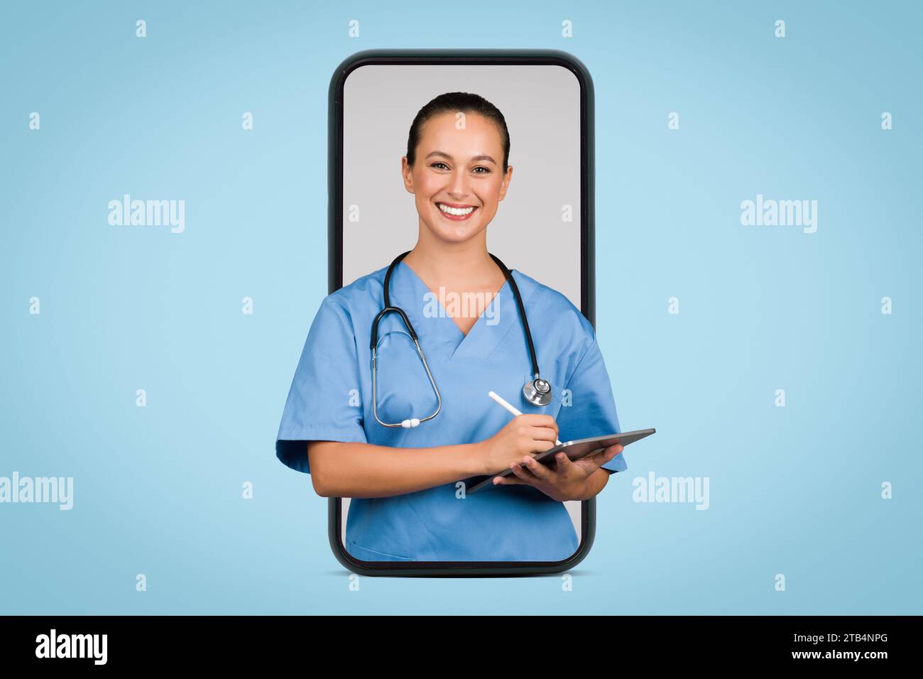 Nurse with tablet emerging from smartphone frame Stock Photo - Alamy
