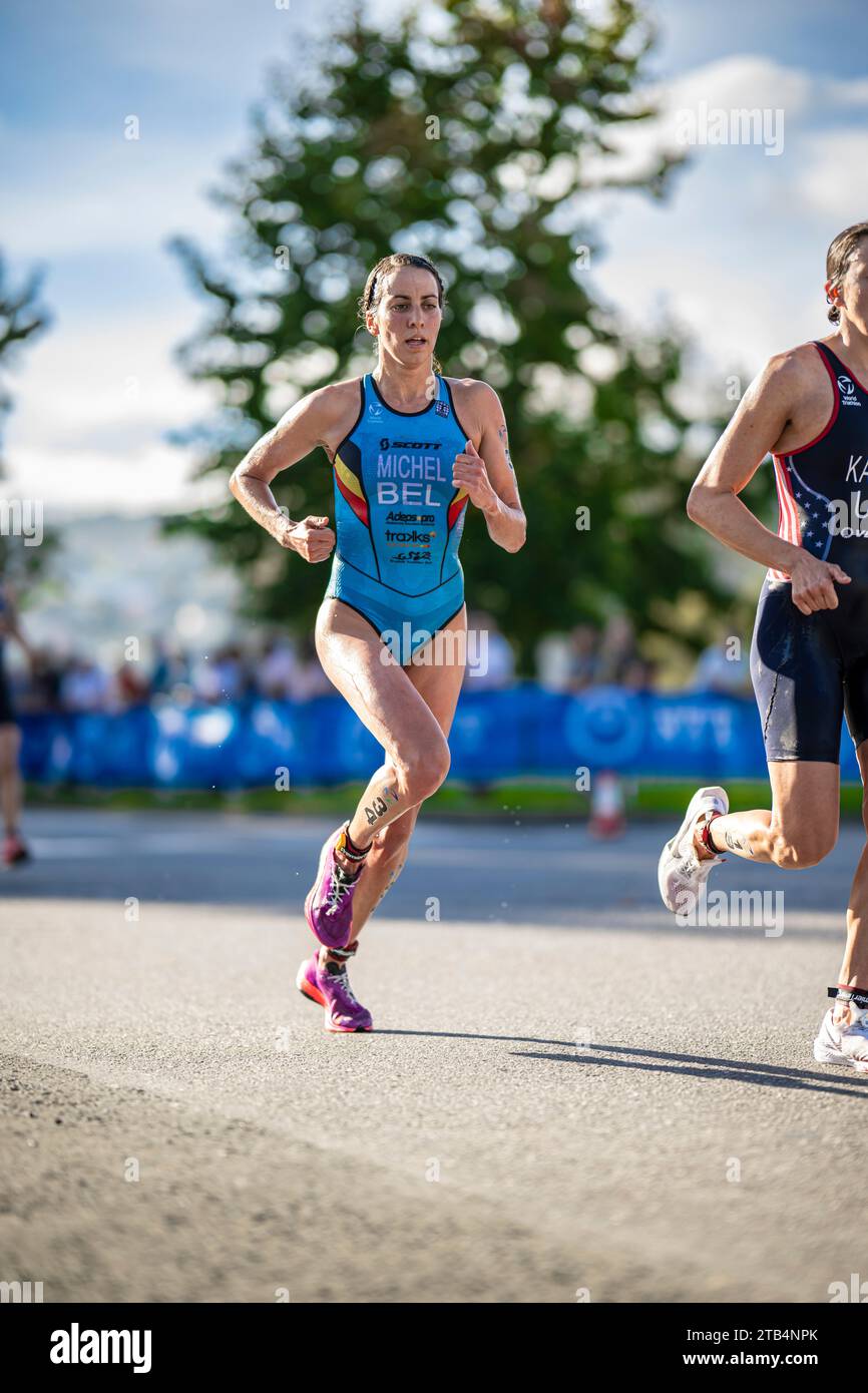 Claire Michel running in Pontevedra in the 2023 World Triathlon ...