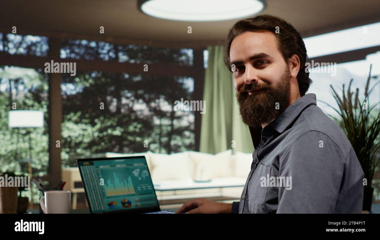 Business owner working on banking management at his modern mountain ...