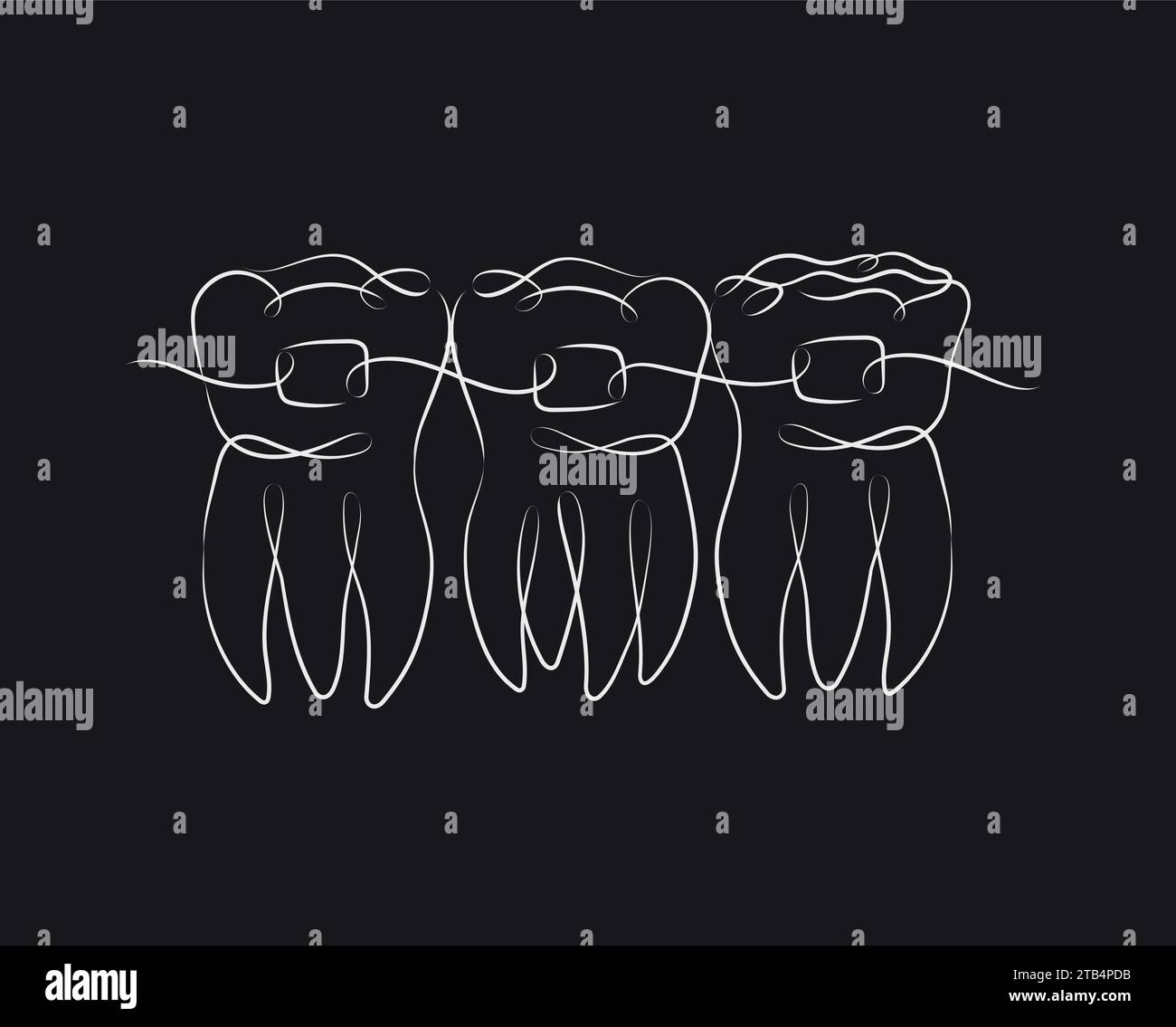 Teeth with braces illustration drawing in linear style on black ...