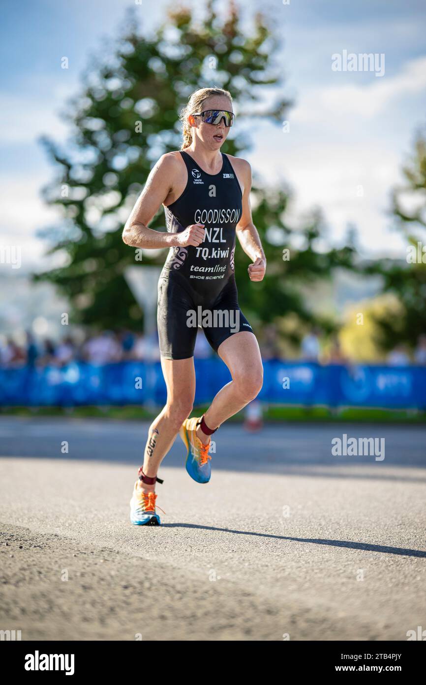 Eva Goodisson running at the finish line in Pontevedra in the 2023 ...