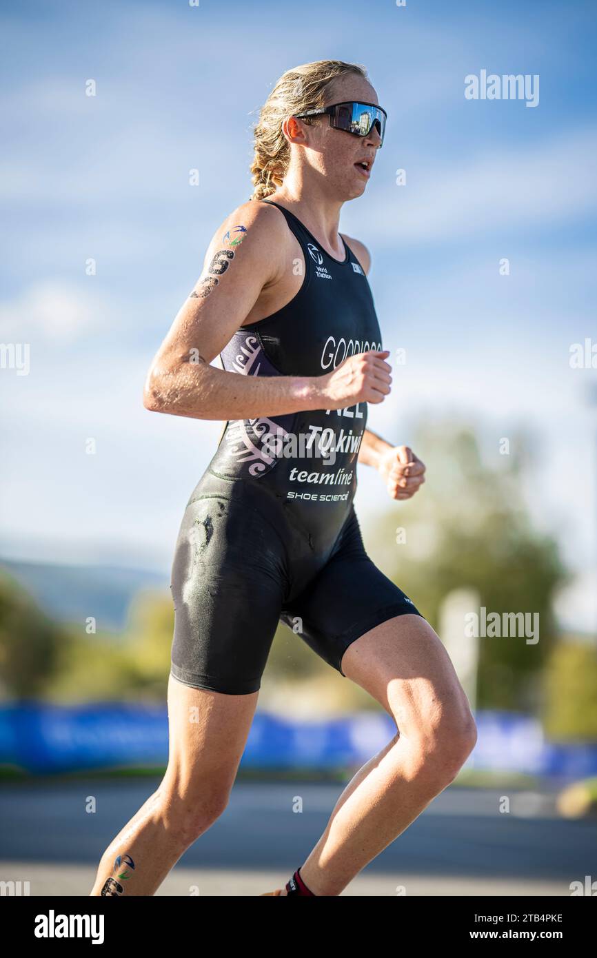 Eva Goodisson running at the finish line in Pontevedra in the 2023 ...