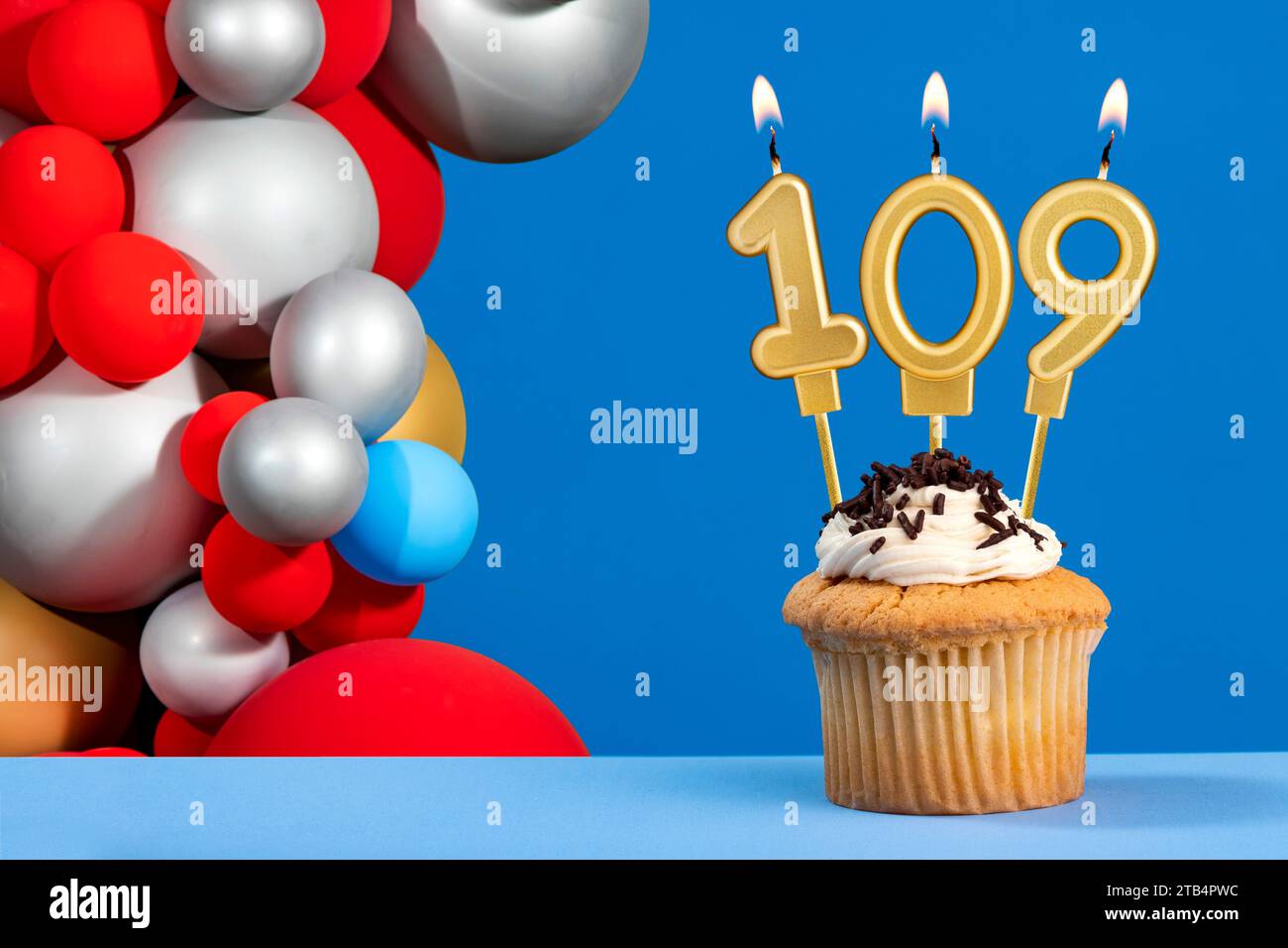Number 109 birthday candle - Anniversary card with balloons Stock Photo ...