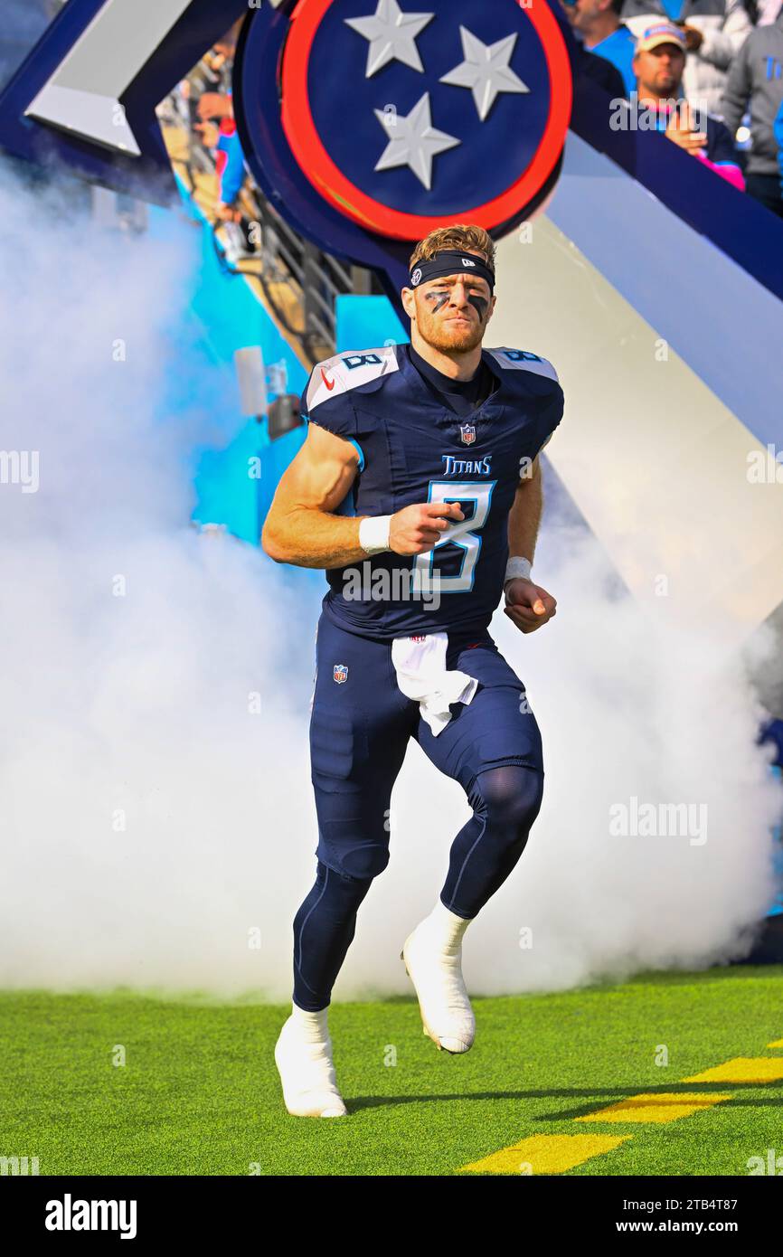 Tennessee Titans quarterback Will Levis (8) is introduced before an NFL ...