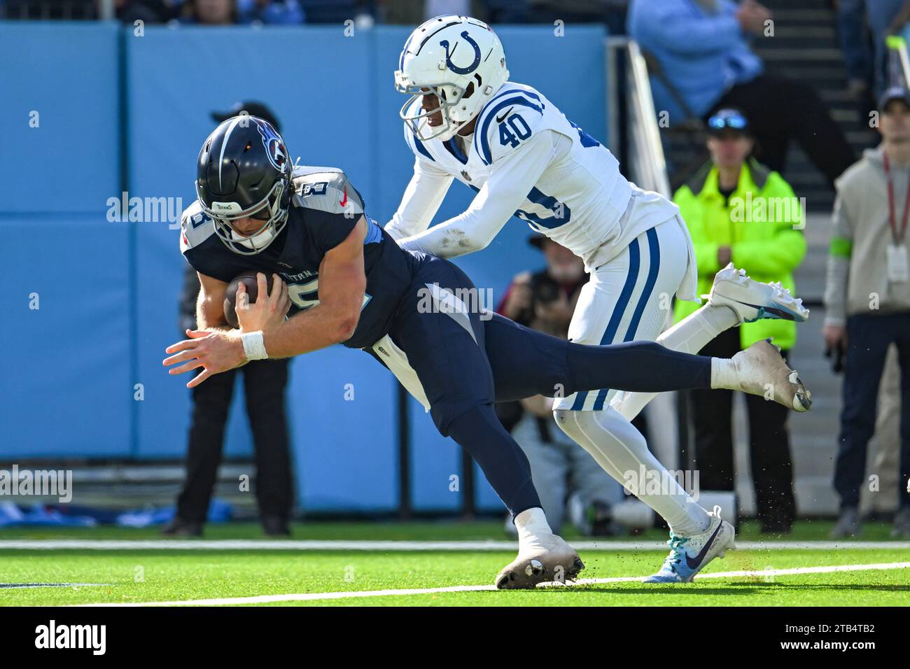 Tennessee Titans quarterback Will Levis (8) is brought down by ...