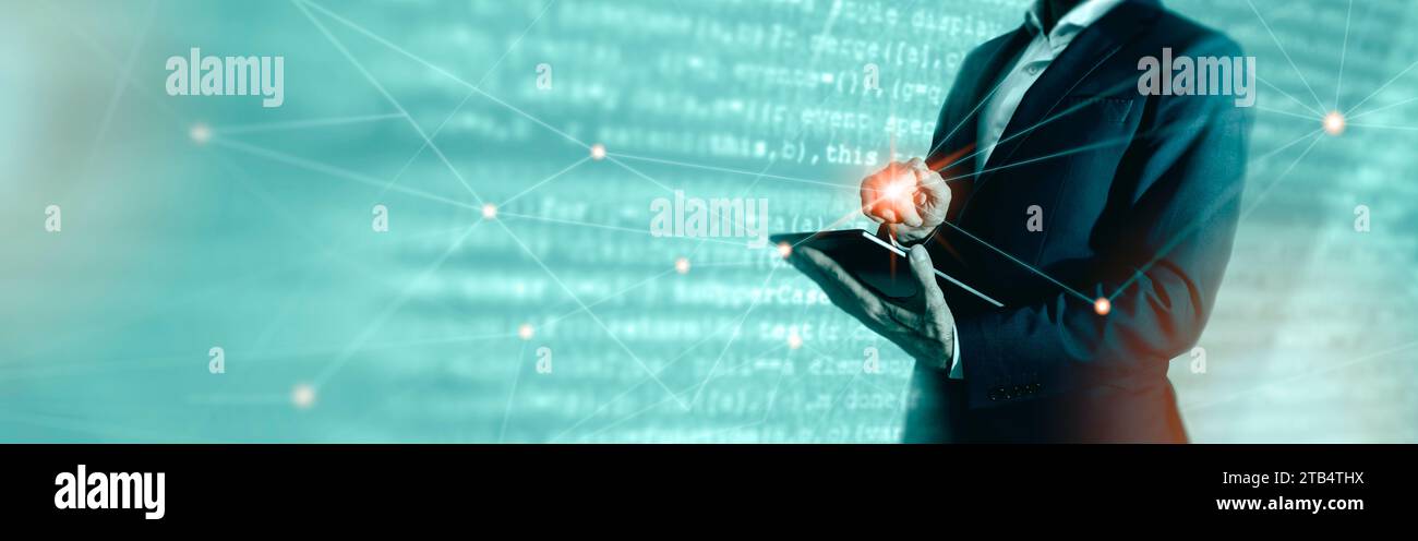 Digital connection horizontal banner. Businessman working with tablet ...