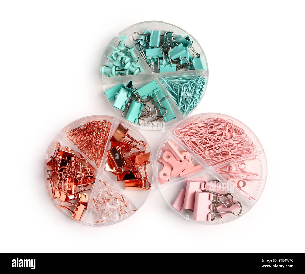 Sets of colorful paper clips, binders and pins on white background ...