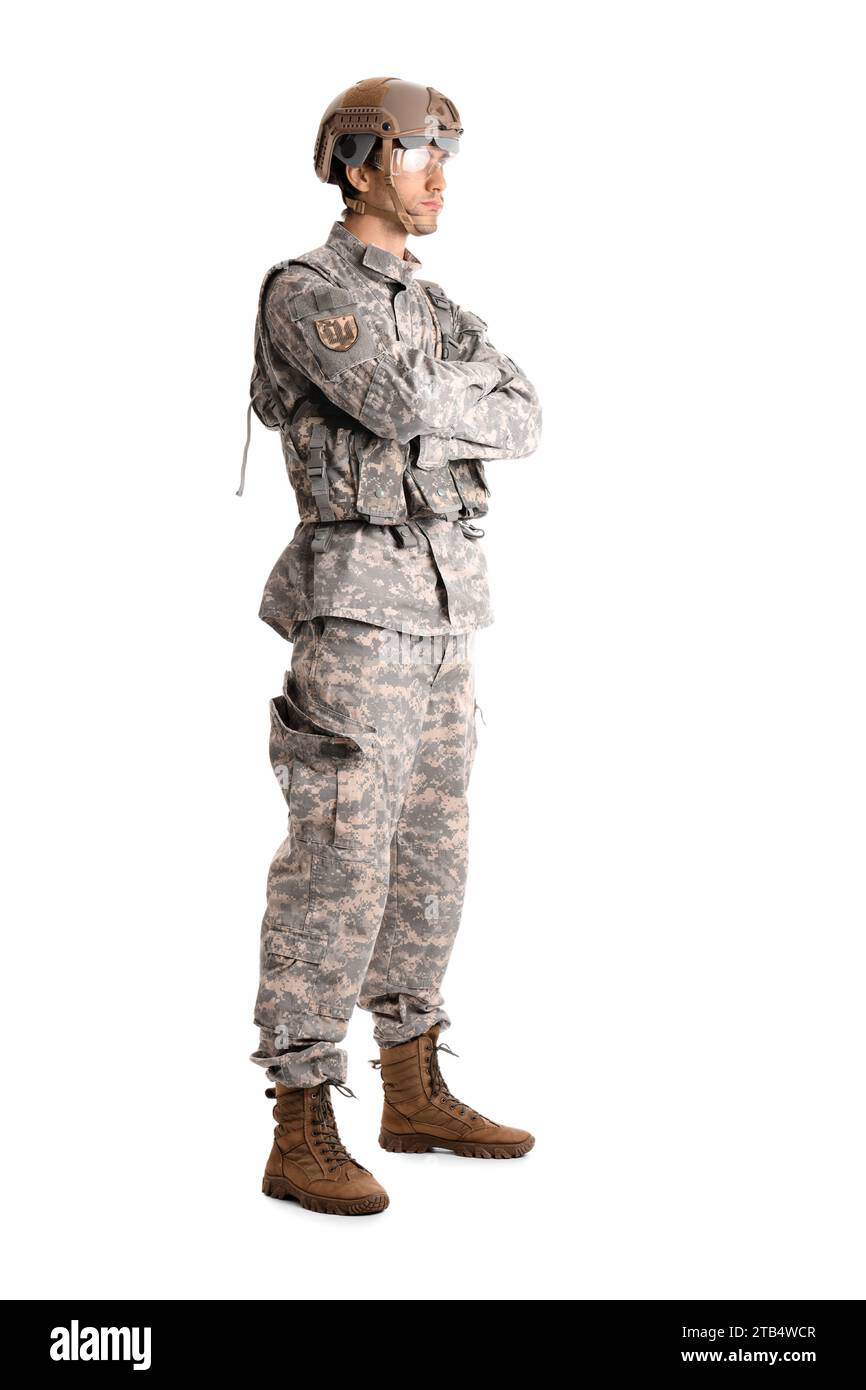 Young male soldier in full gear isolated on white background Stock ...