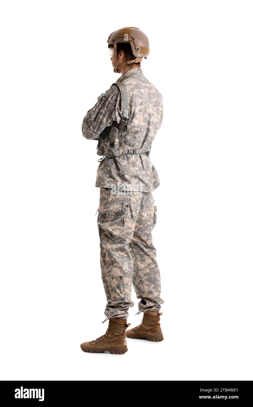 Male soldier in full gear isolated on white background Stock Photo - Alamy