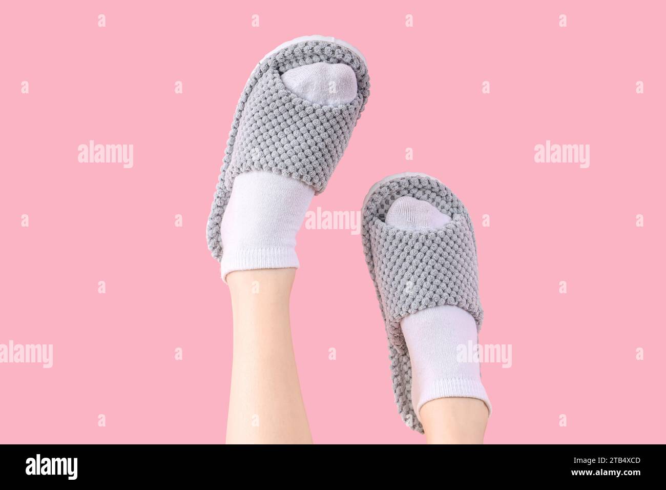 Female legs in grey soft slippers on pink background Stock Photo - Alamy