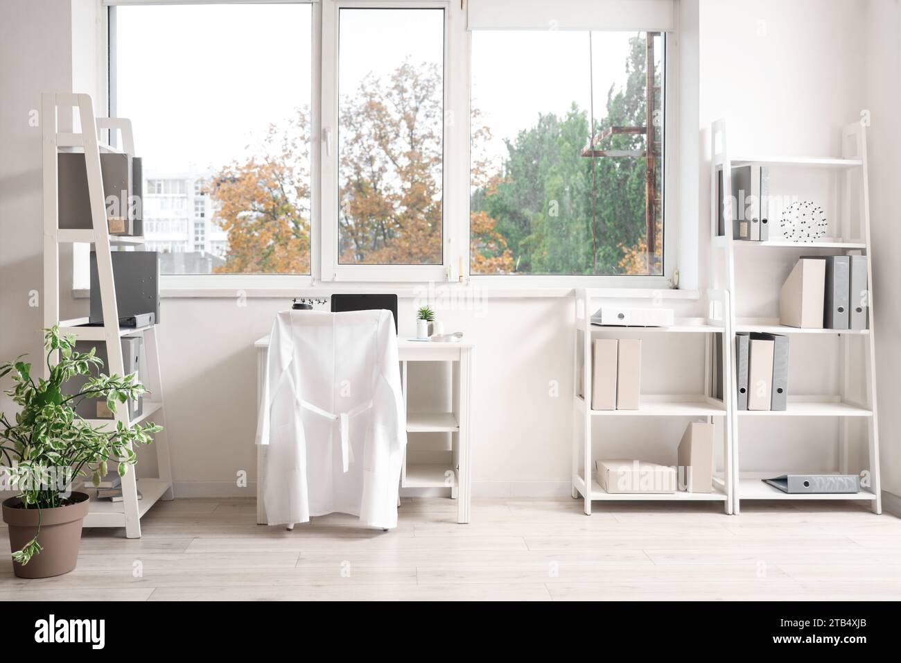 Interior of medical office with doctor's workplace and shelf units ...