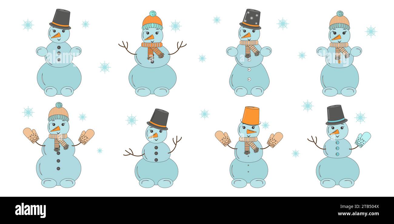 Set of cute funny snowmen line art. Design postcard banner, flyer ...