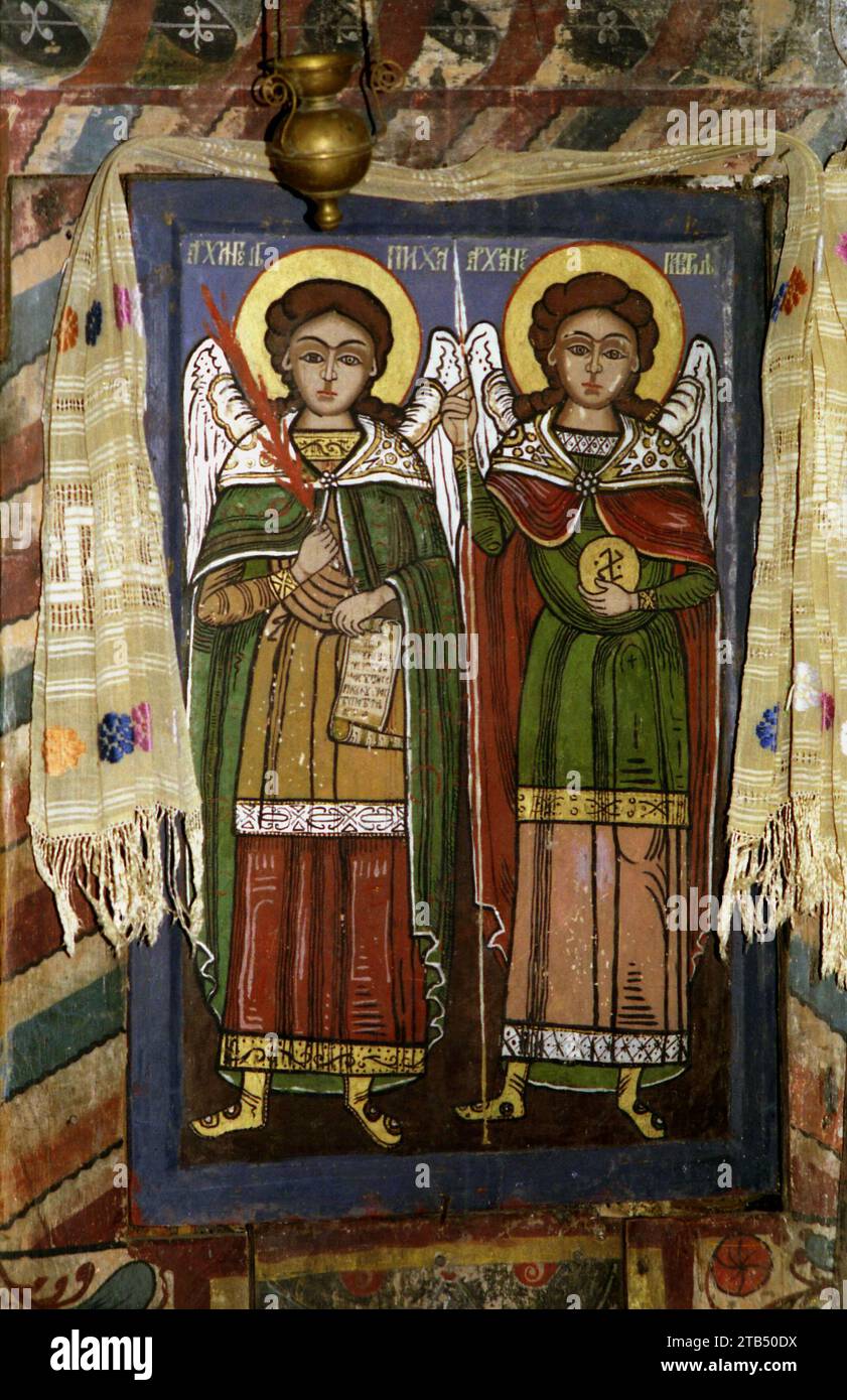 Novaci, Gorj County, Romania, 2001.Old icon of Archangels Michael and ...
