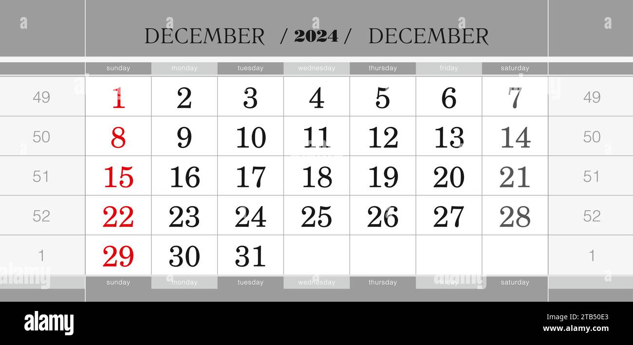 December 2024 quarterly calendar block. Wall calendar in English, week ...