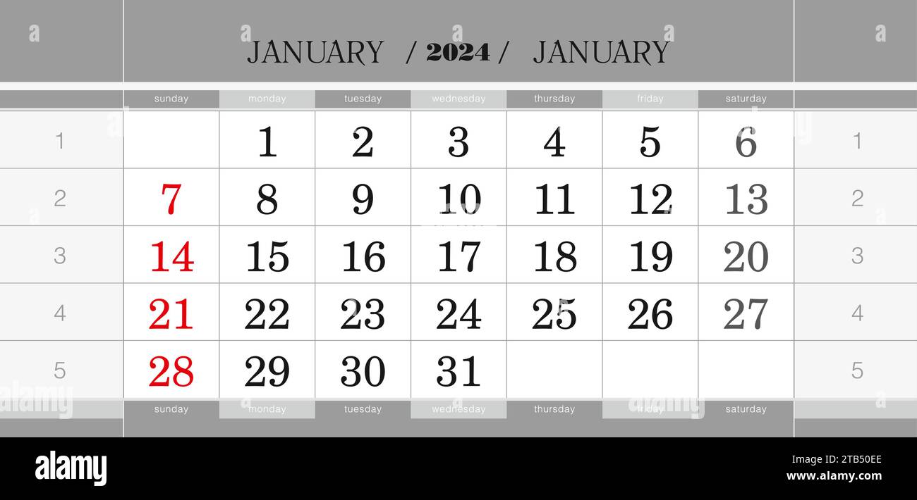 January 2024 quarterly calendar block. Wall calendar in English, week ...