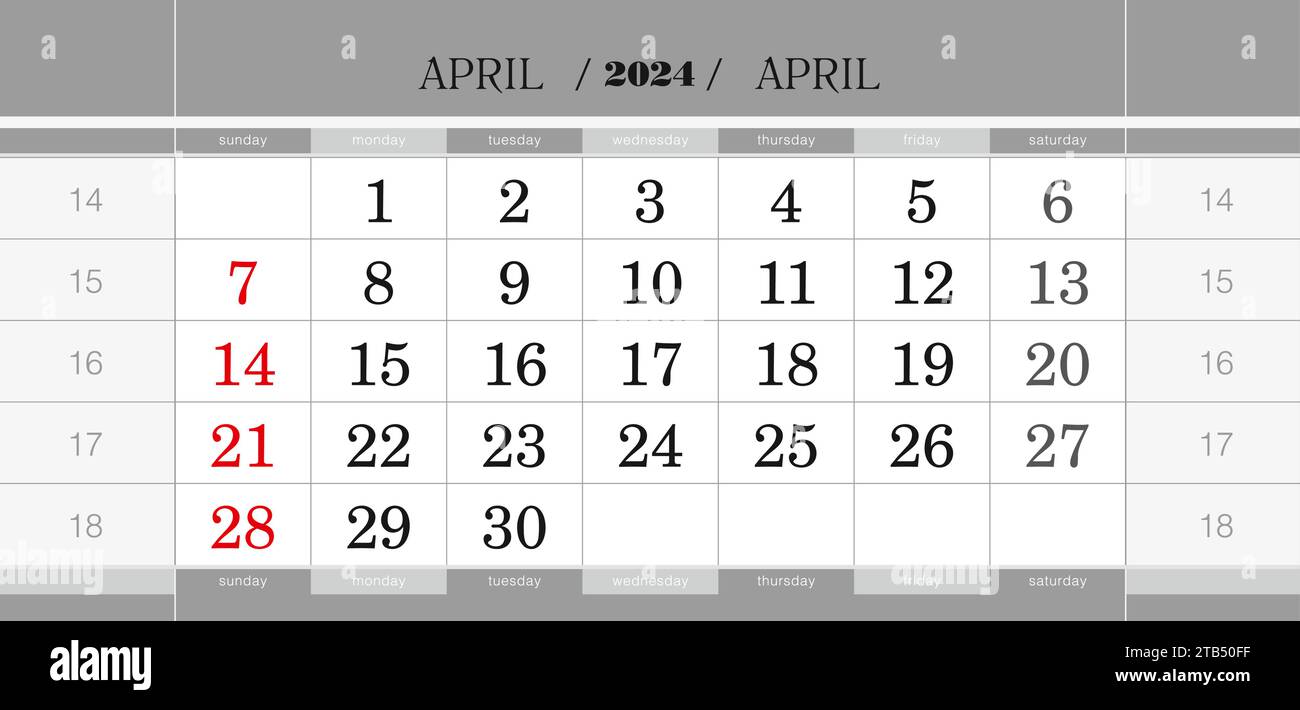 April 2024 quarterly calendar block. Wall calendar in English, week ...