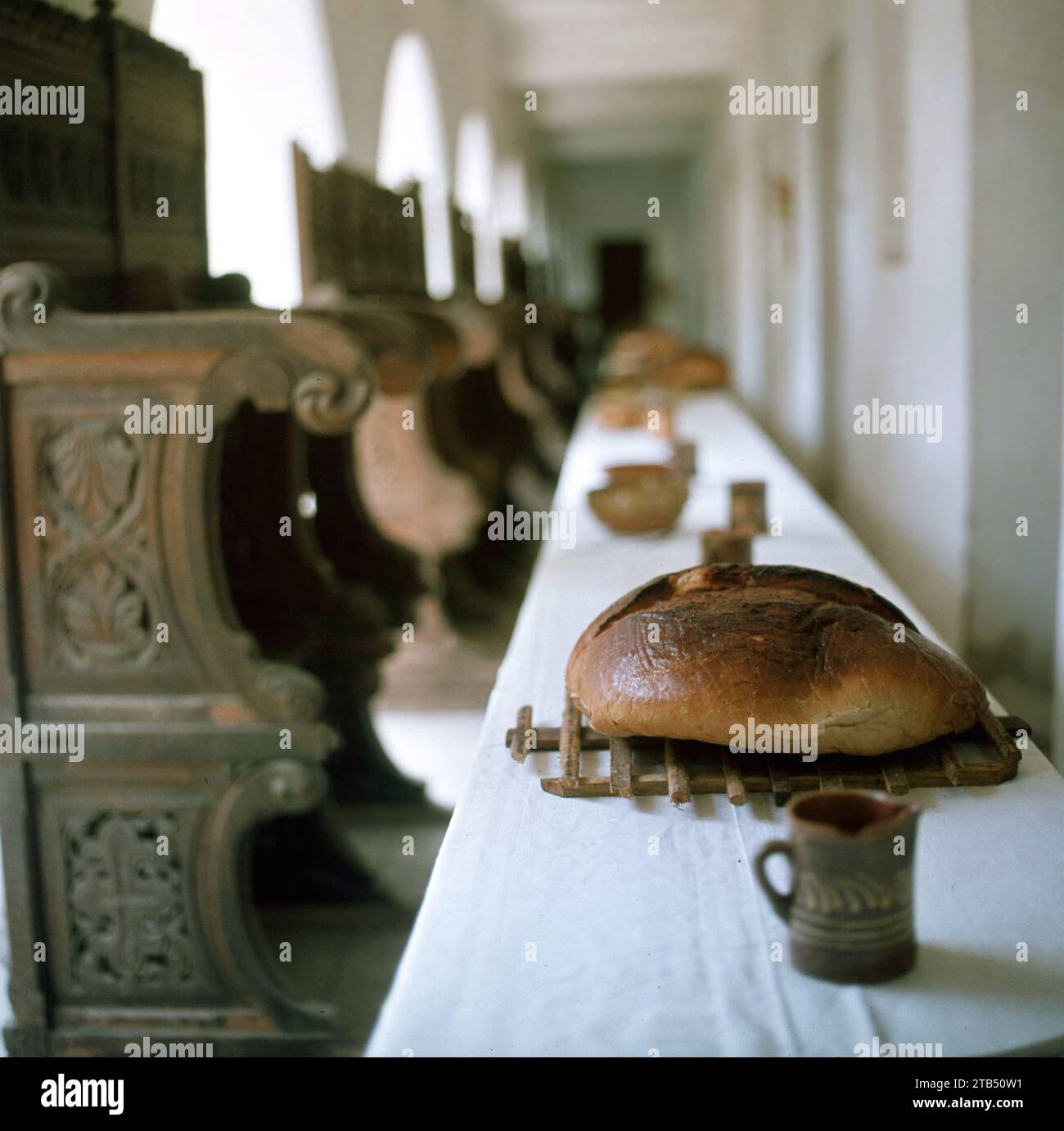 Romania, approx. 1979. The Refectory at a Christian Orthodox monastery ...