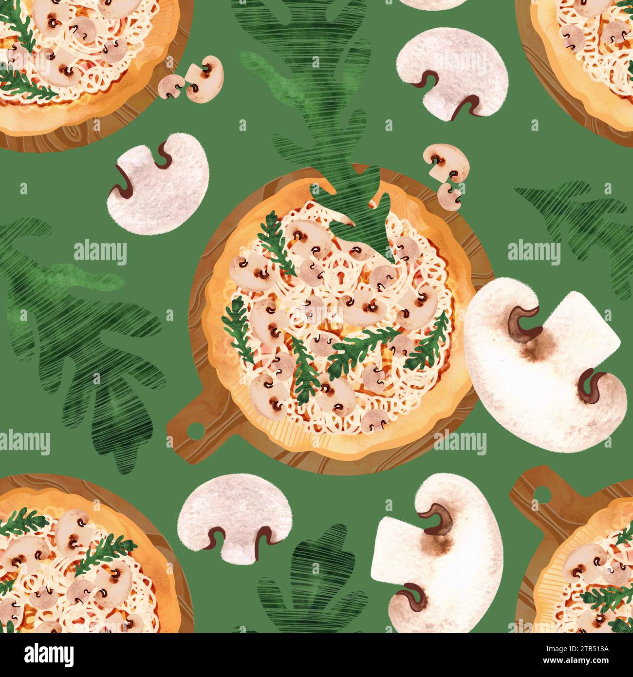 Seamless pizza pattern with mushrooms and arugula. Watercolor ...