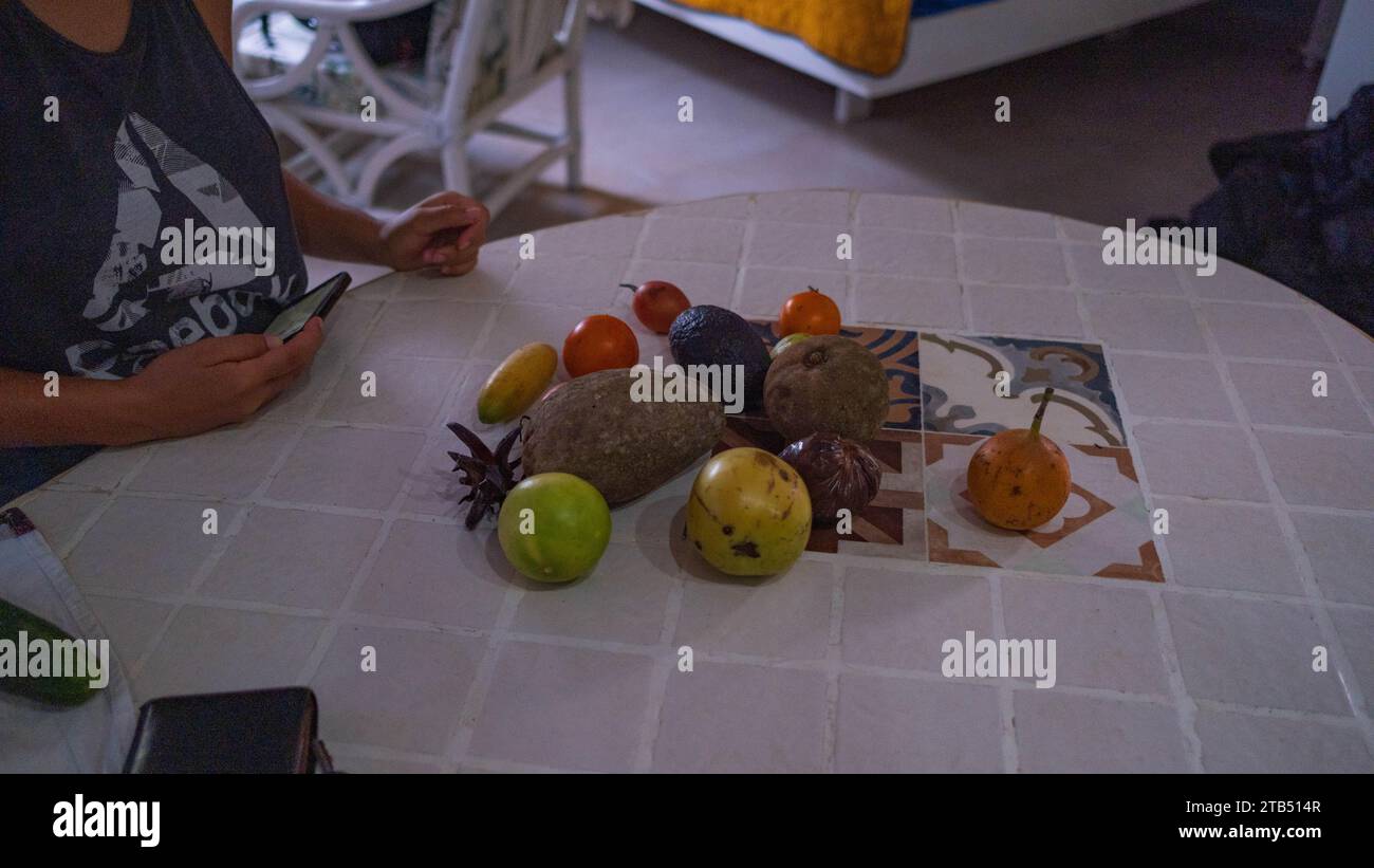 Selection of rare tropical fruits arranged on a table in Samara, Costa ...