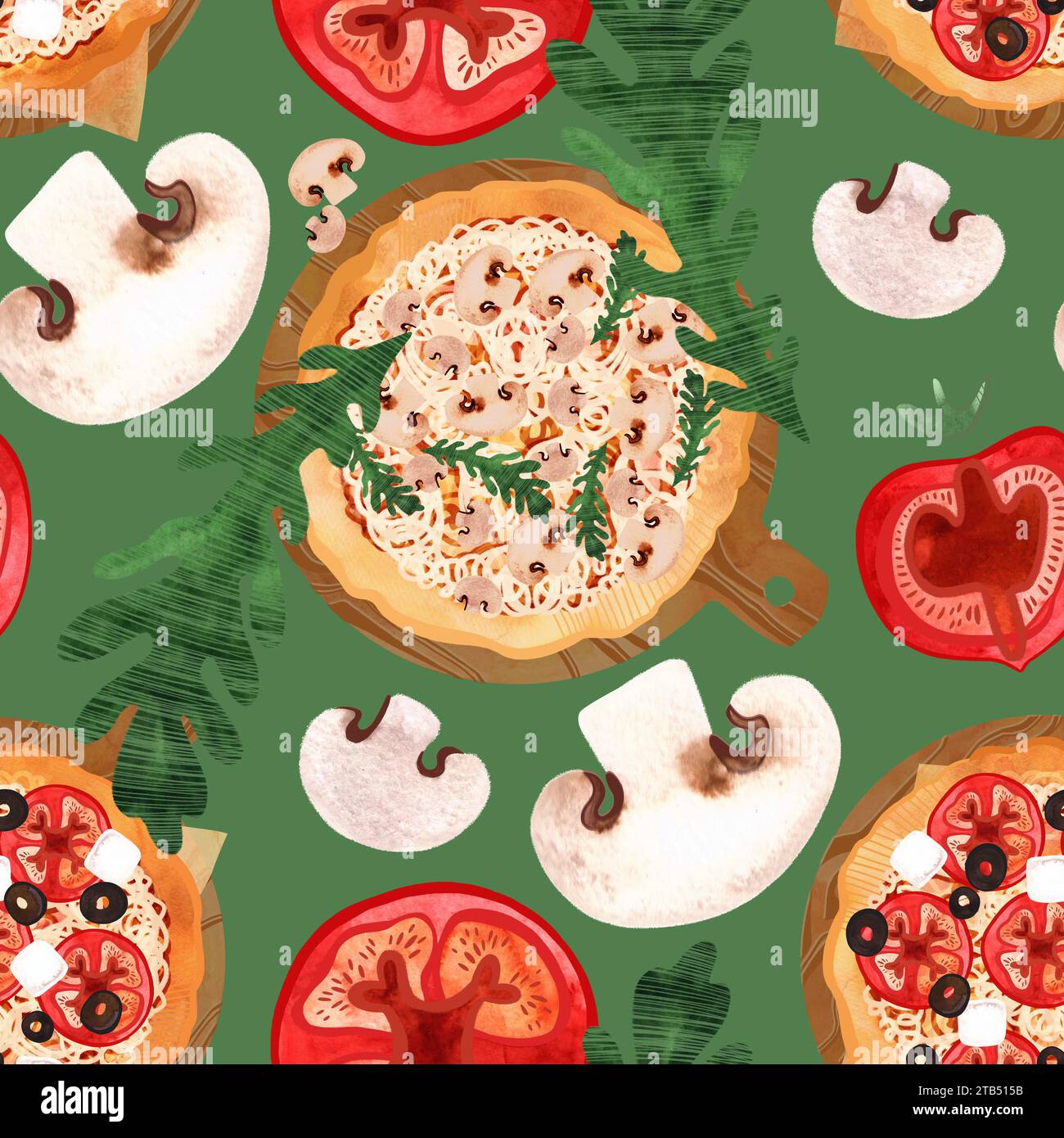 Seamless pizza pattern with mushrooms, tomatoes, olives and arugula ...