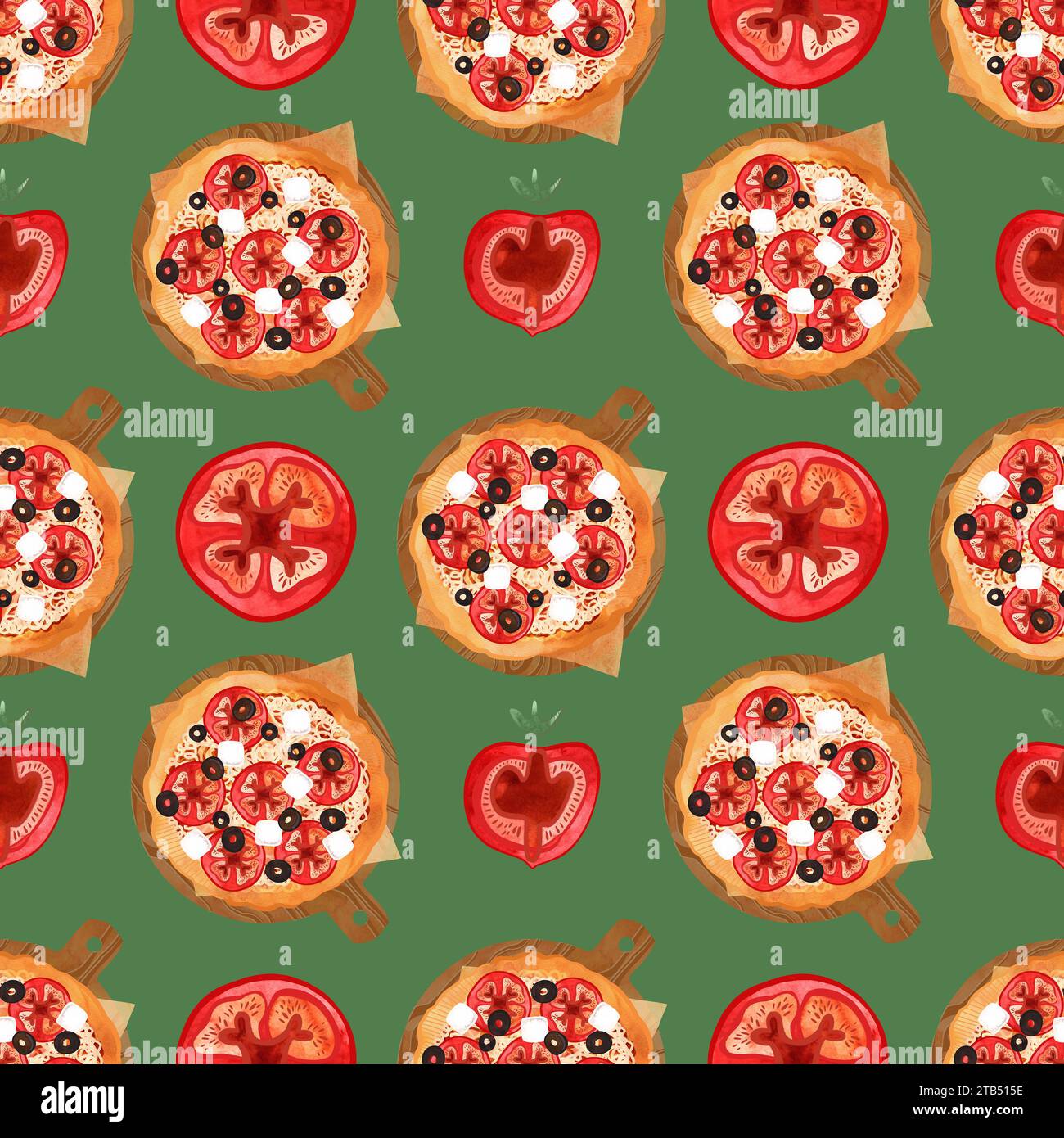 Seamless pizza pattern with tomatoes, olives and cheese. Watercolor ...