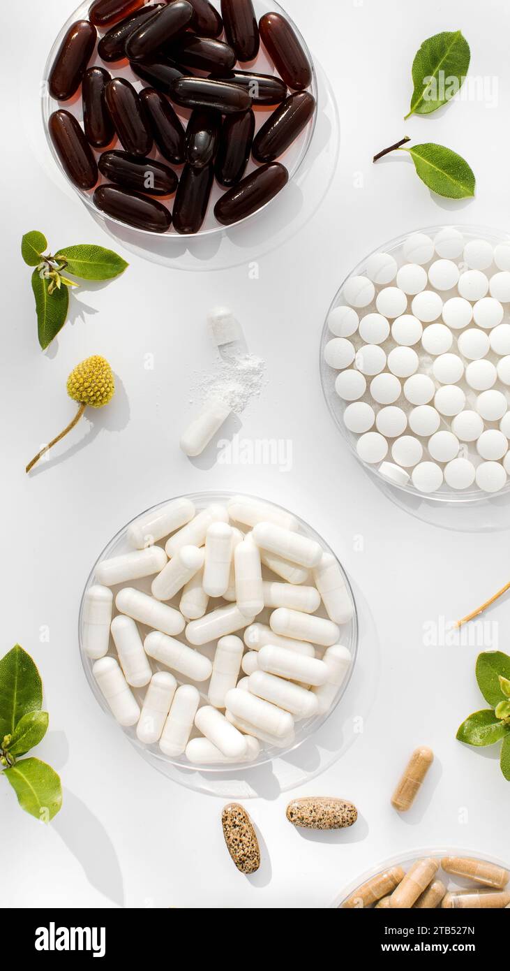 Various vitamins, tablets and dietary supplements with natural ...