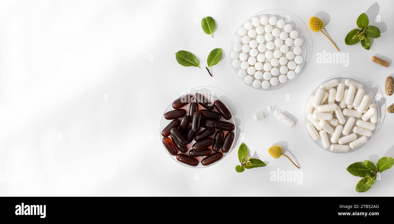 Various vitamins and dietary supplements in small medical plates ...