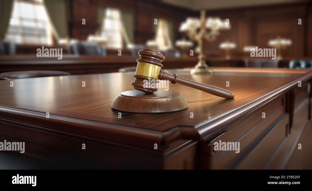 Gavel Resting on a Table Inside an Empty Courthouse Stock Photo - Alamy