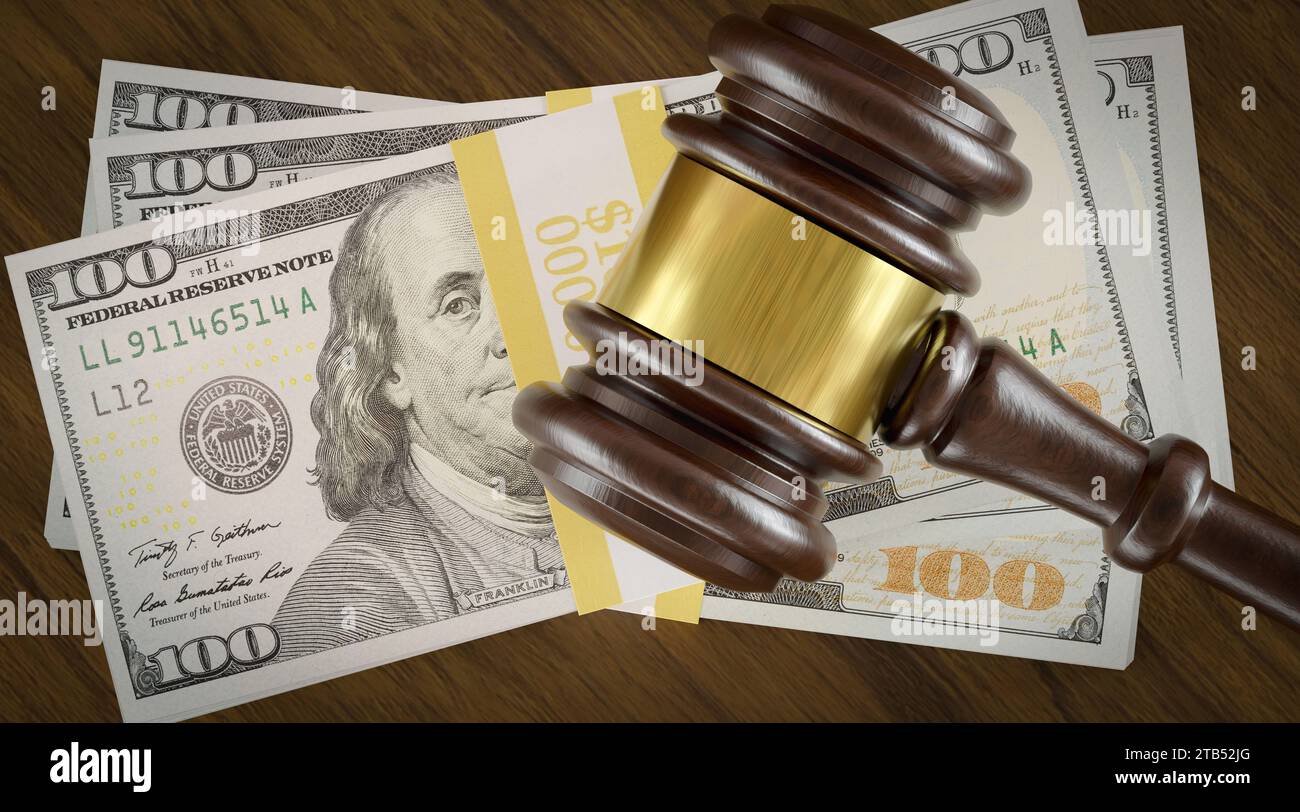 Overhead of Gavel Resting on a Table and Stack of Thousands of Dollars ...