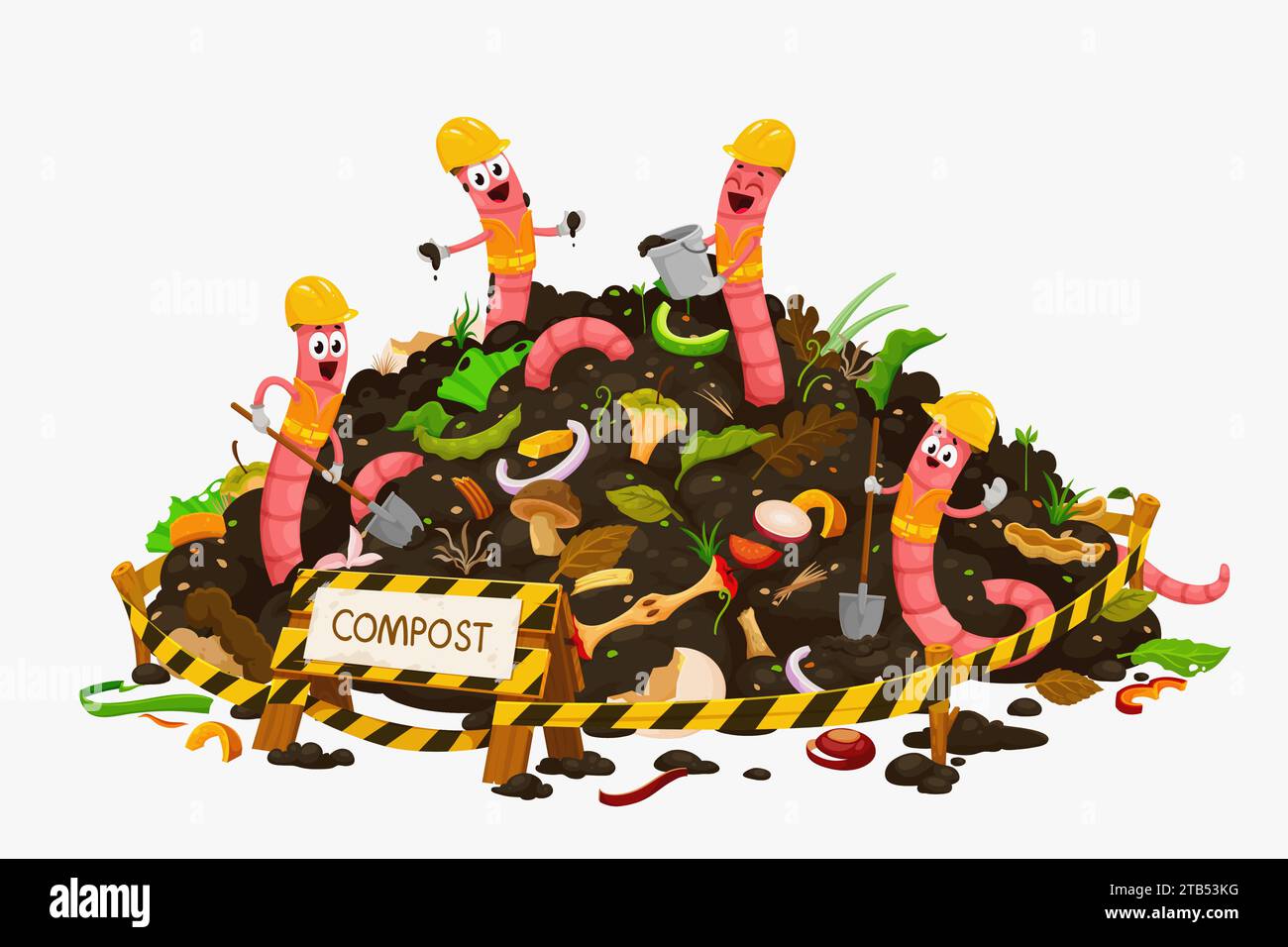 Cartoon earth worm builders characters in compost. Natural fertilizer ...