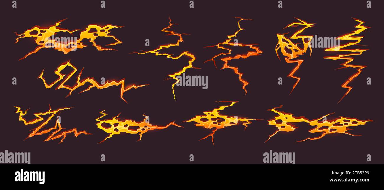 Cartoon volcano lava or magma fire with ground cracks, vector game ...