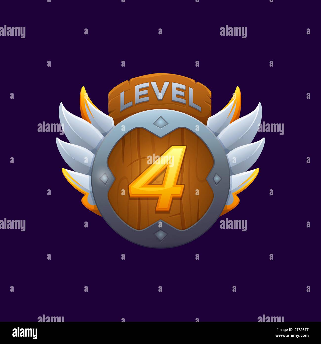Game level badge, cartoon vector reward icon featuring round wooden ...
