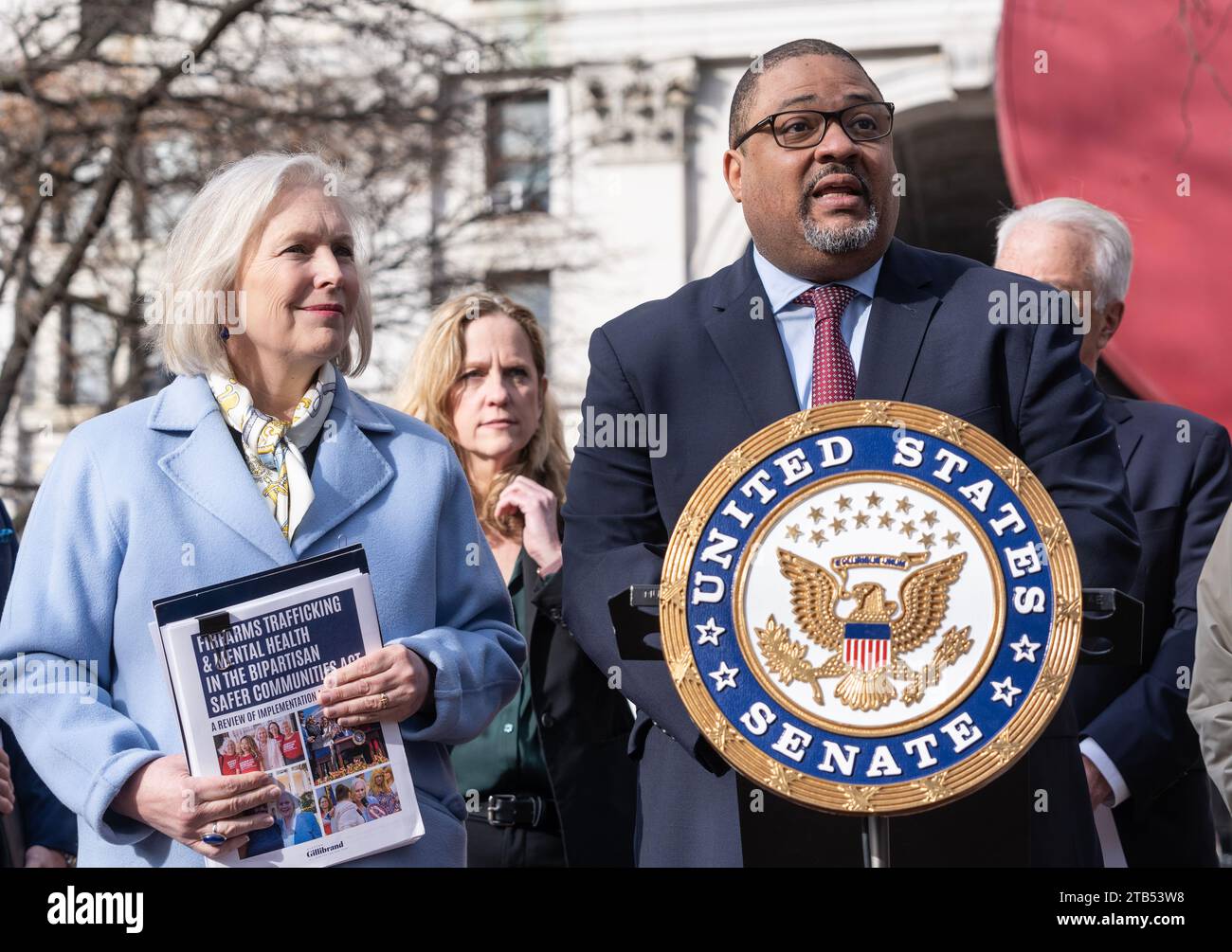 Manhattan DA Alvin Bragg speaks as Senator Kirsten Gillibrand released ...