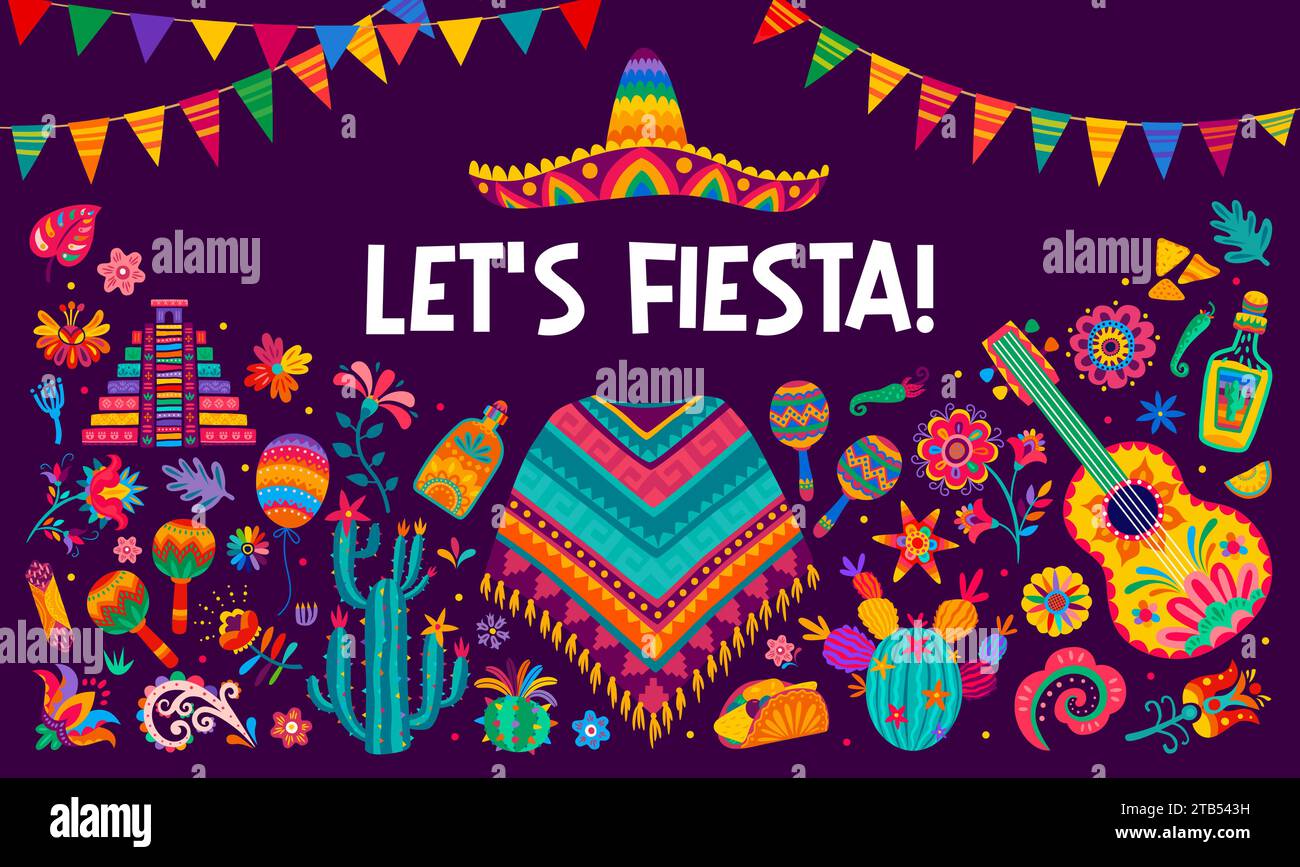 Mexican Fiesta Party Banner With Sombrero Guitar And Poncho In