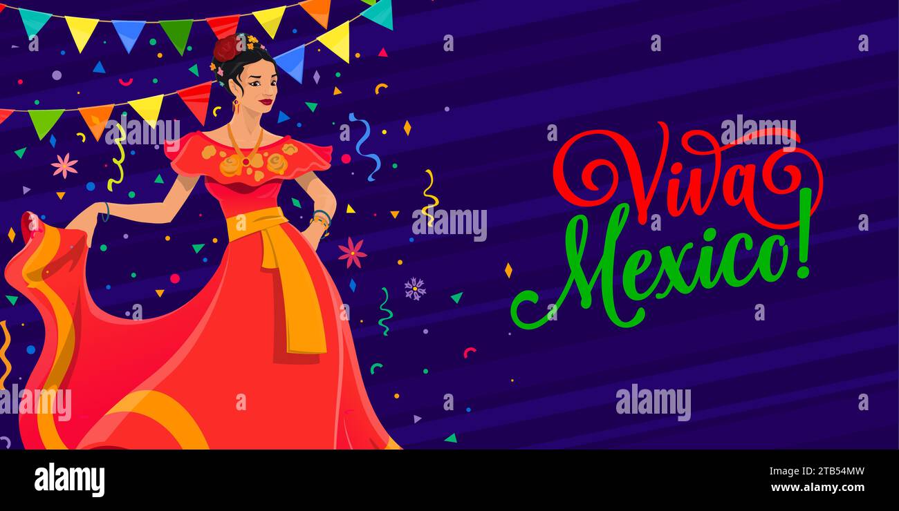 Viva Mexico banner with dancing woman and holiday confetti. Vector ...