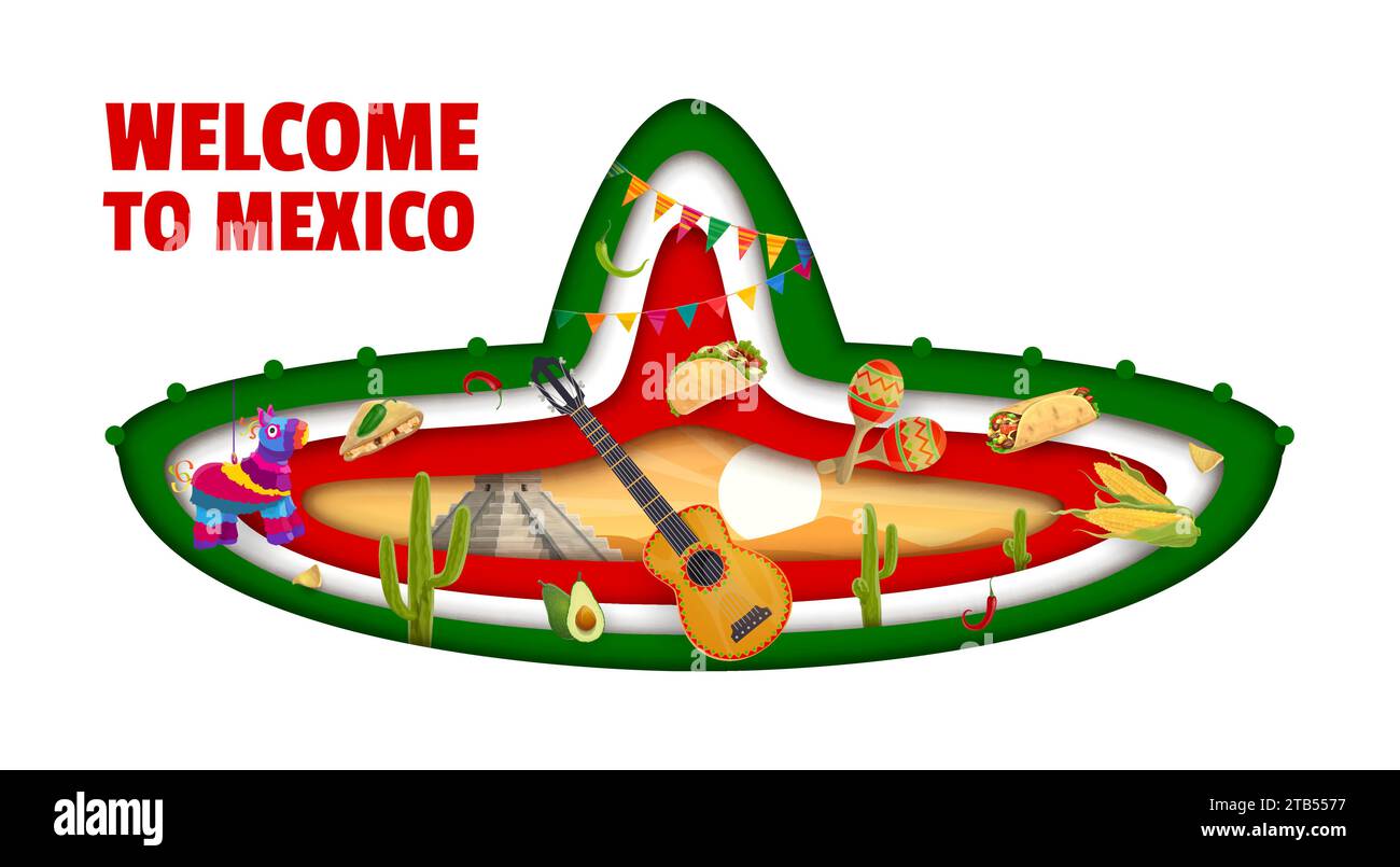 Mexican sombrero paper cut shape, Welcome to Mexico travel banner with ...