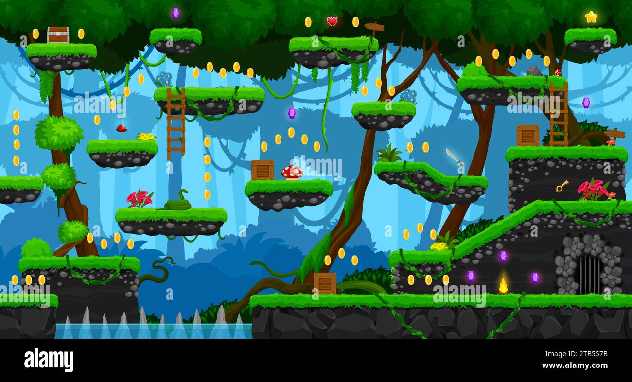 Arcade jungle forest game level map interface with platforms and coins ...