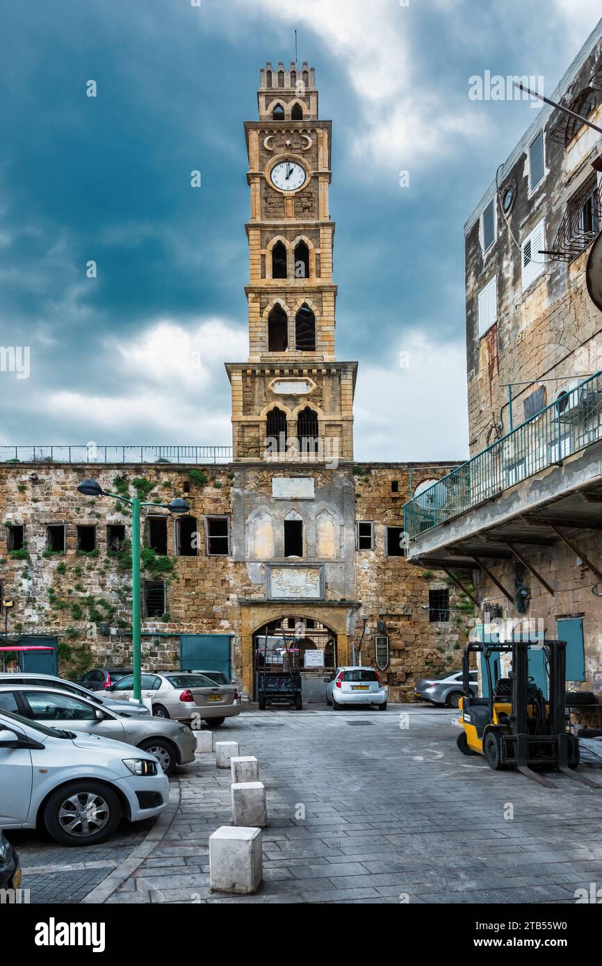 Clock tower of Khan al Umdan (caravanserai) in the Old City of Acre, Israel Stock Photo - Alamy