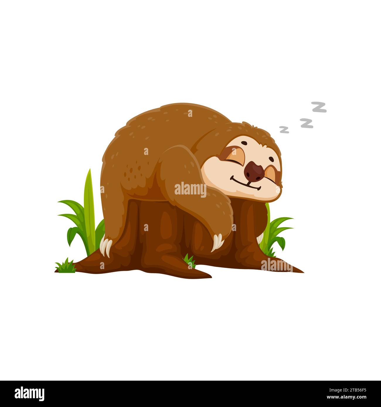Cartoon funny sloth character peacefully sleep on a tree stump. Vector ...