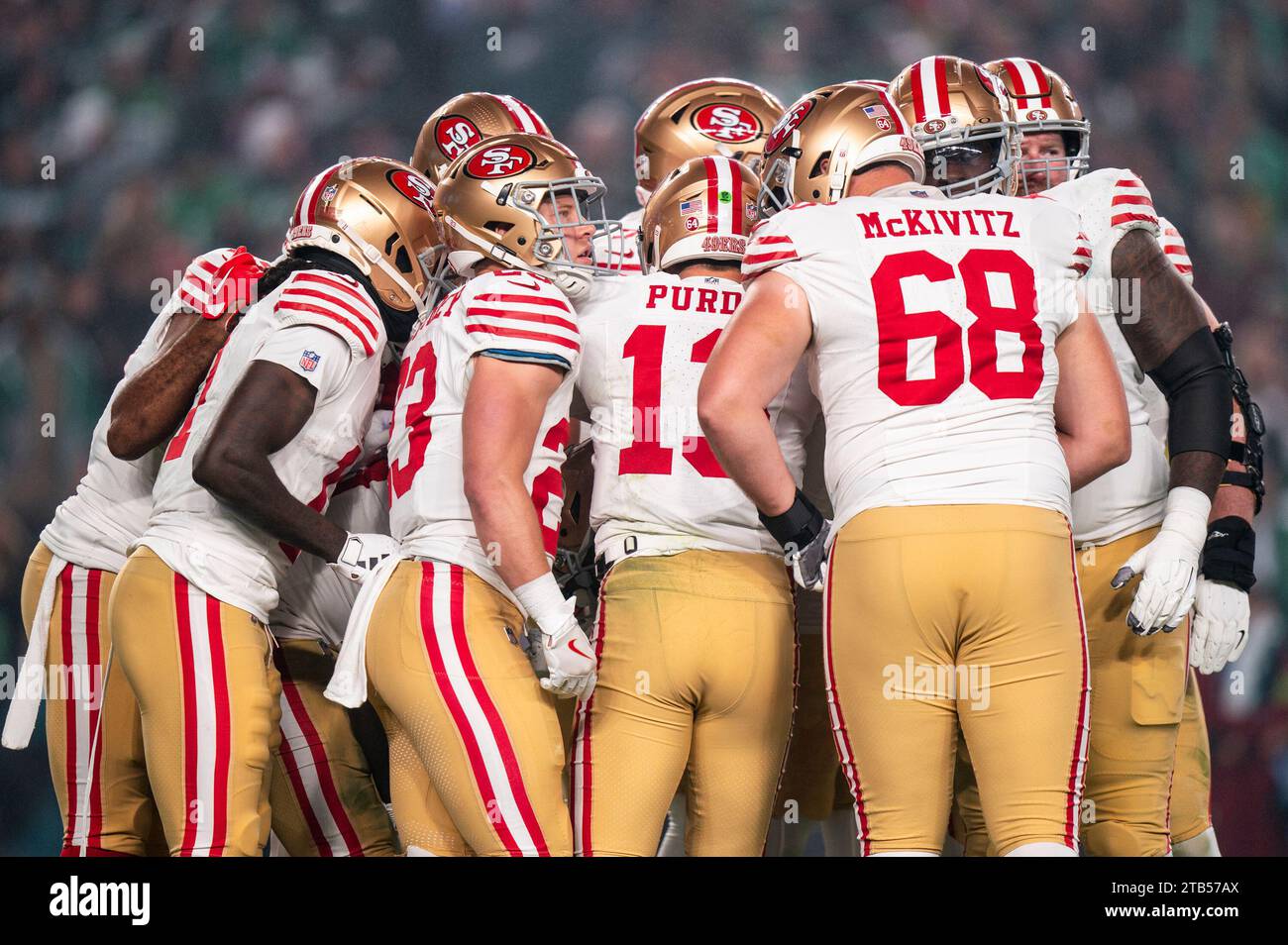 San Francisco 49ers quarterback Brock Purdy (13) huddles up his team ...