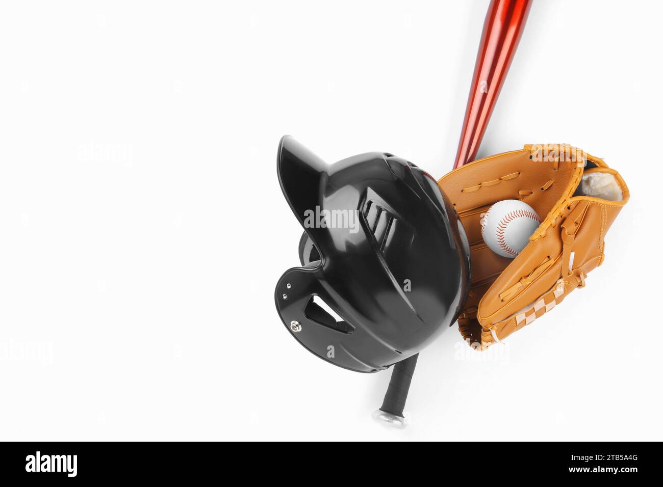 Baseball glove, bat, ball and batting helmet on white background, flat ...