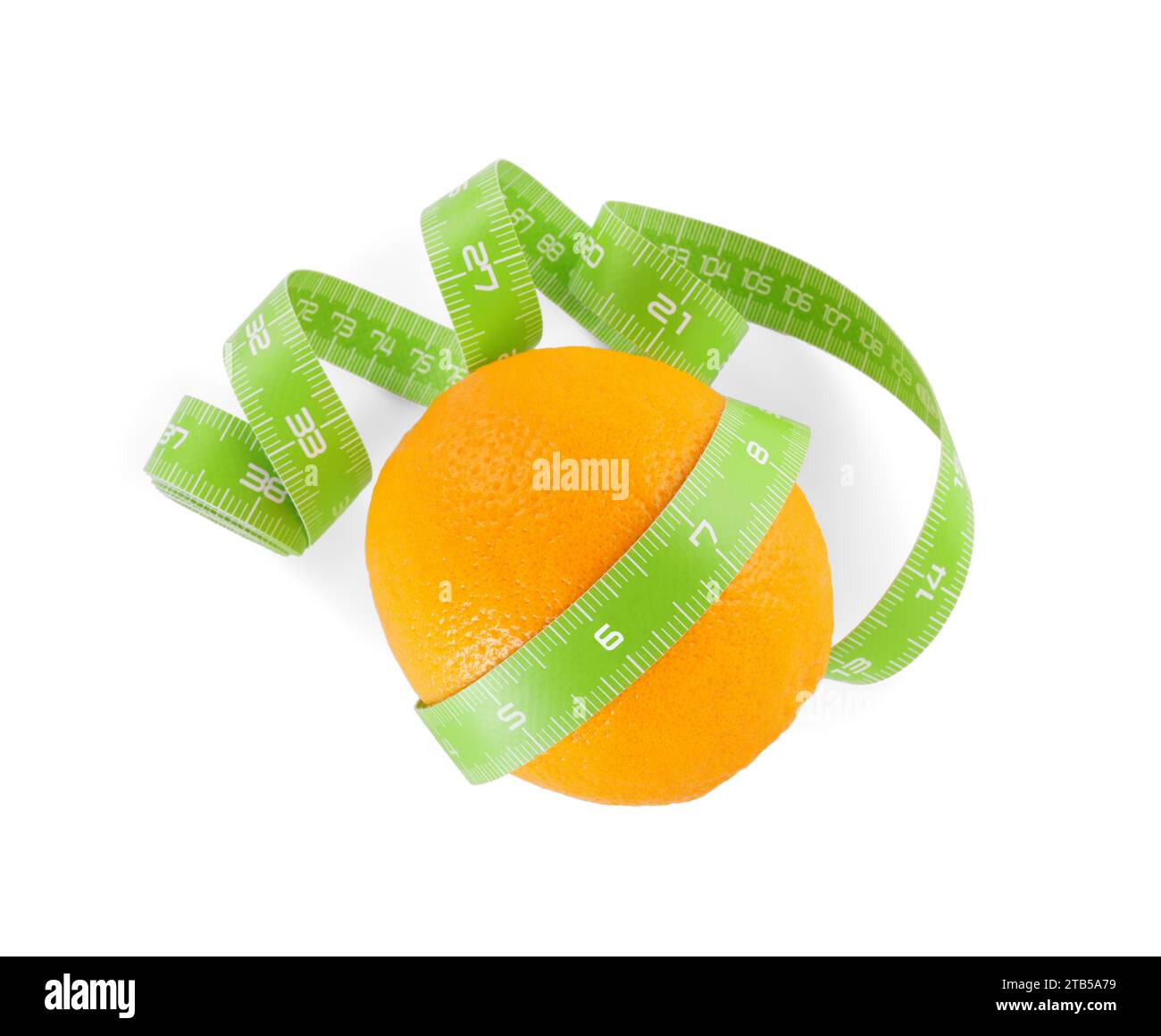 Cellulite problem. Orange with measuring tape isolated on white, top ...
